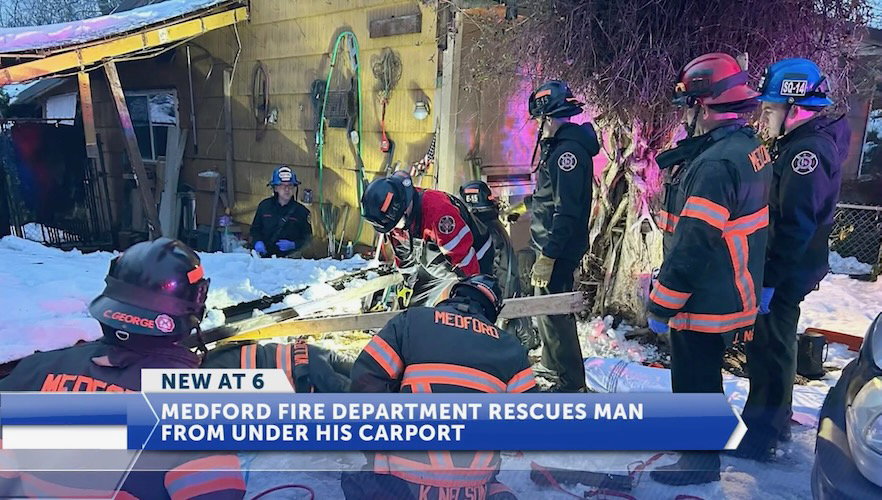 Medford firefighters rescue man after snow-covered carport collapsed on ...